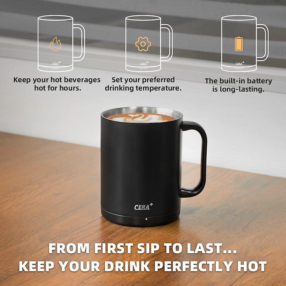 Temperature Control Smart Mug with Lid, 14oz, Self Heating, 1.5-hr Battery Life + Type-C Charging Coaster，APP or Manual Controlled, On/Off Time Preset by APP, Double Layers S.S, Gift-Packing