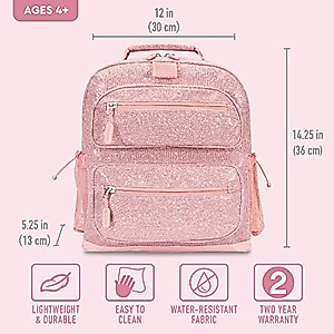 Bentgo® Kids Backpack - Glitter Designed Lightweight 14” for School, Travel & Daycare - Roomy Interior, Durable & Water-Resistant Fabric & Loop for Lunch Bag (Glitter Edition - Petal Pink)
