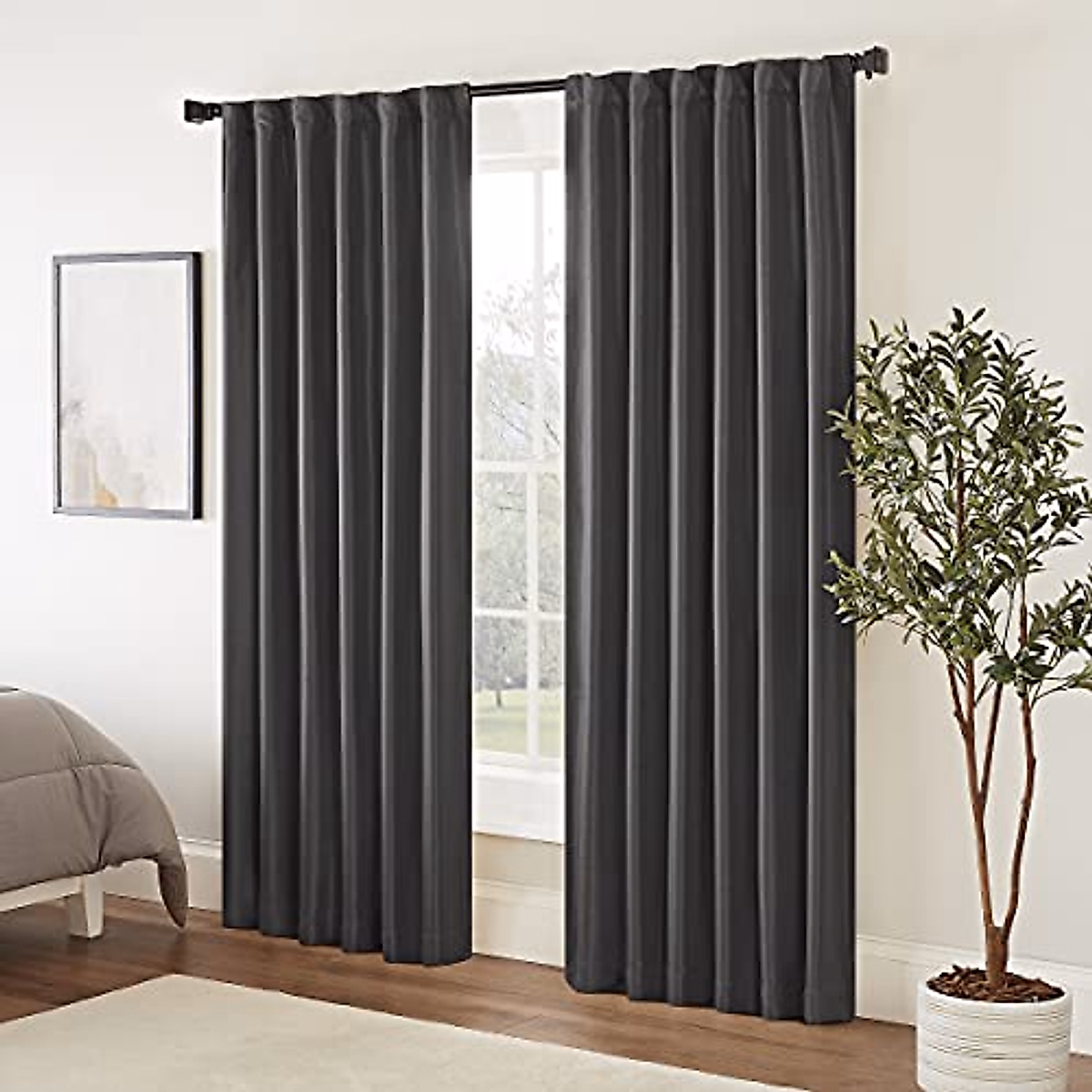 Eclipse Fresno Modern Blackout Thermal Rod Pocket Window Curtain for Bedroom (1 Panel), 52 in x 63 in, Charcoal