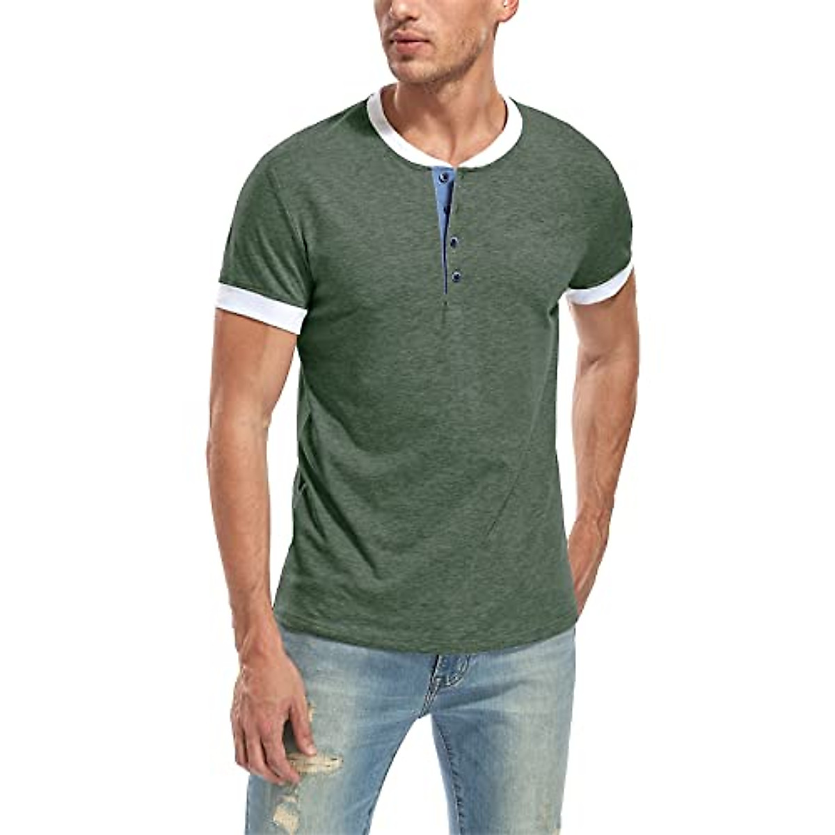 YeeHoo Men's Henley Short Sleeve Slim-Fit Casual T-Shirts with Button Placket Green