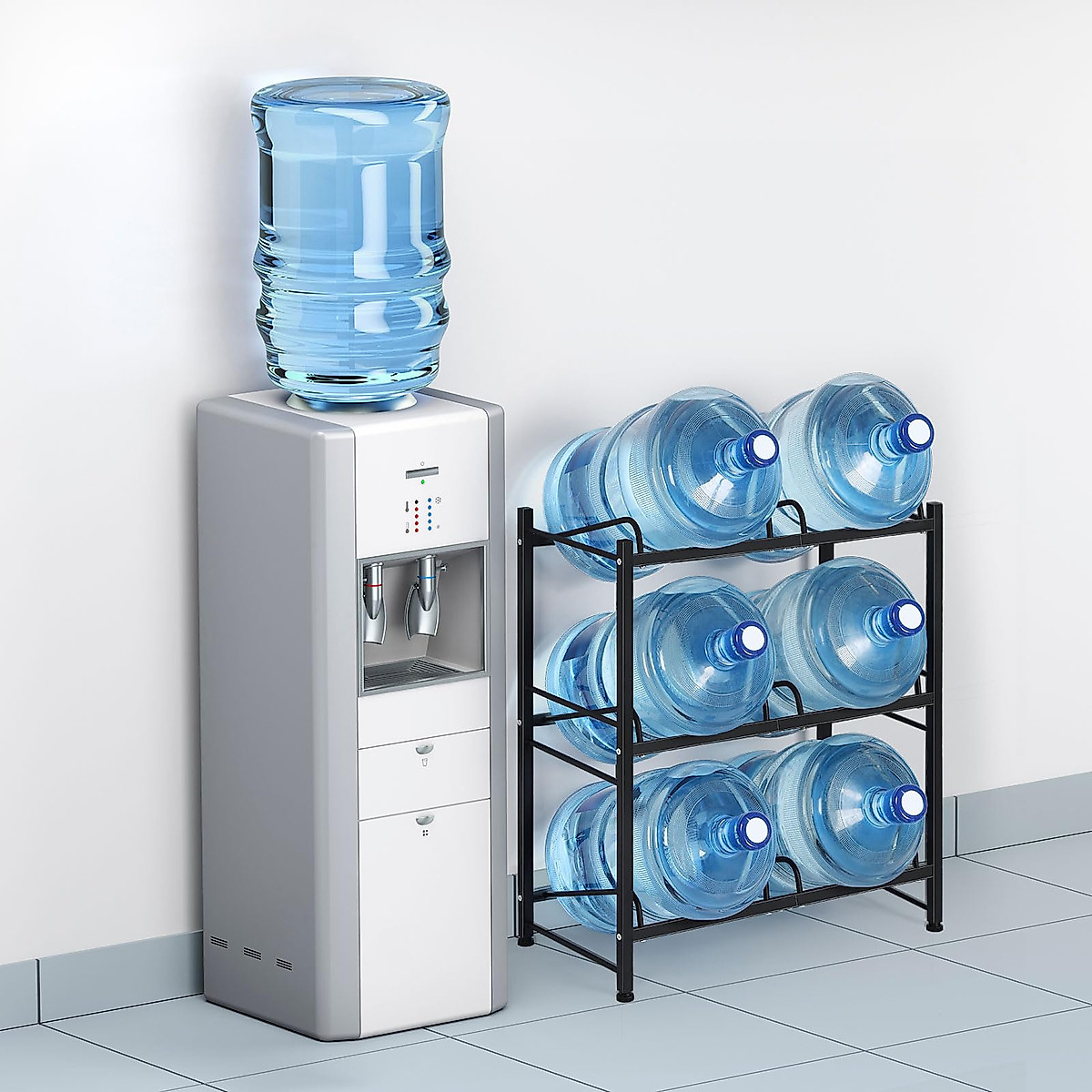 5 Gallon Water Bottle Holder, 3 Tier Water Jug Rack, Water Cooler Jug Rack for 5 Gal Water Bottle, Water Jug Dispenser Stand, Heavy Duty 5 Gallon Water Jug Stand for 6 Bottles with Lifter