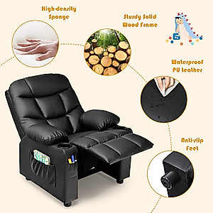 GLACER Kids Recliner Chair w/Cup Holder& Side Pockets, Children Recliner w/Comfortable Backrest, Armrests & Footrest, Toddler PU Leather Recliner for Boys Girls, 3+ Age Group, Black