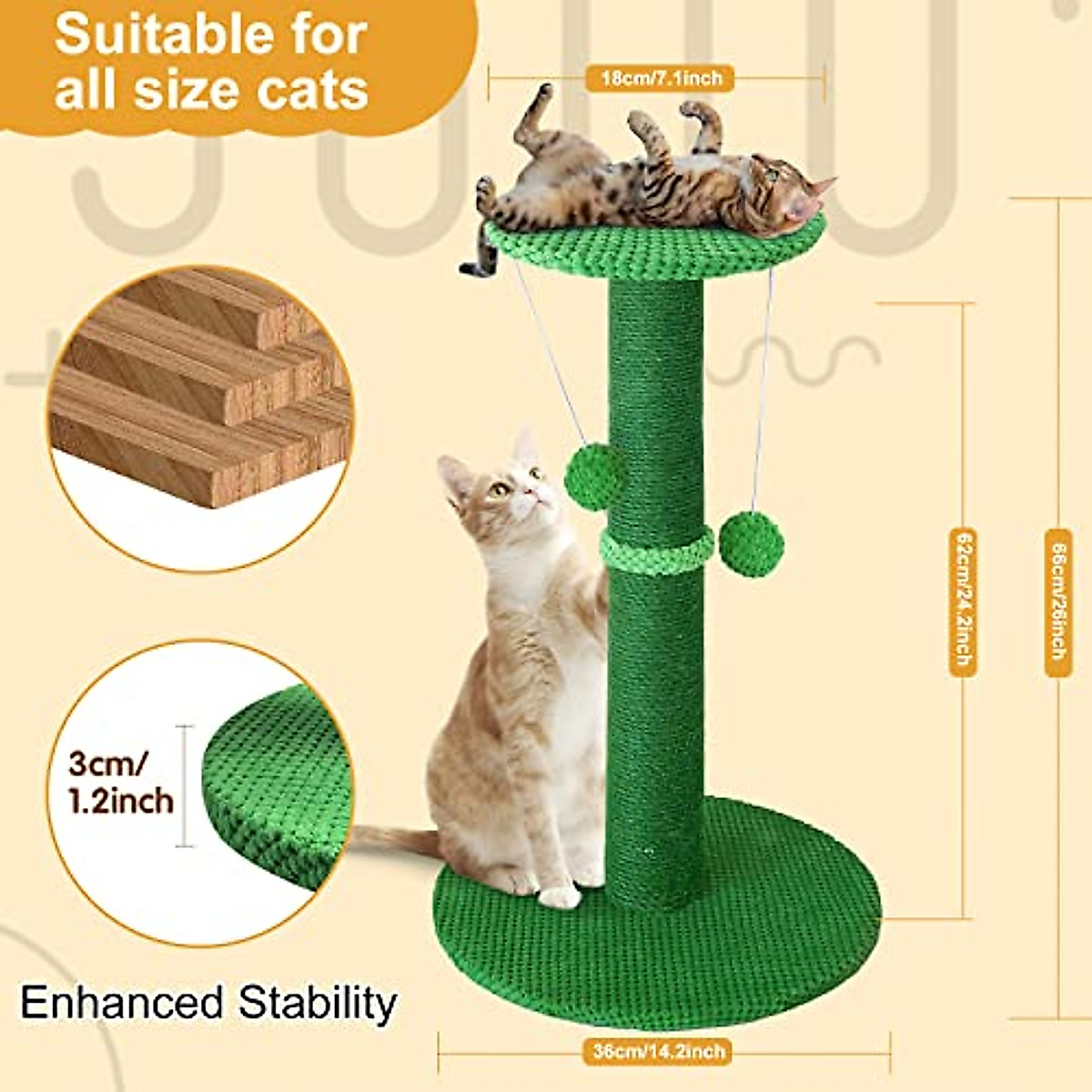 Cat Scratching Post Sisal Cat Tree Cactus Cat Scratcher, Scratching Posts for Indoor Cats Kitten, Cute Tall Cat Scratch Post with Perch to Protect Furniture, 2 Dangling Ball Toys, Stable Cat Stand