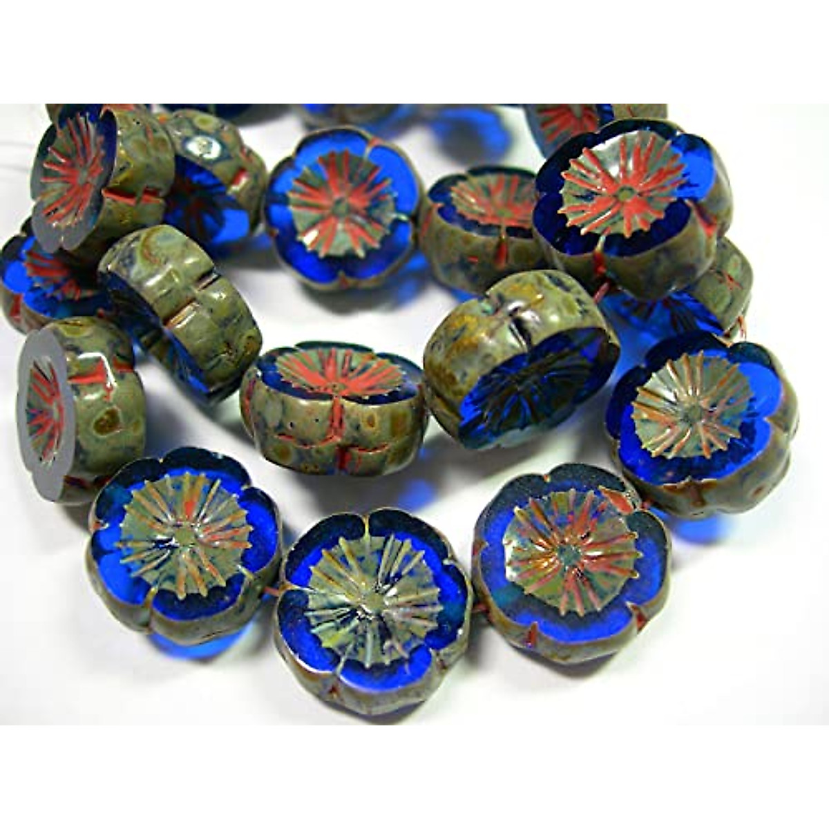 10 Beads - Sapphire Blue Picasso Czech Glass Flower Beads 14mm