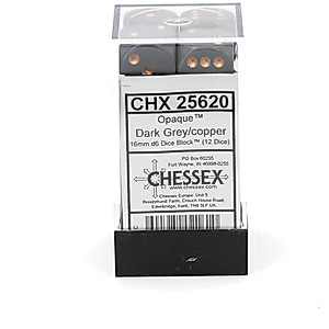 Chessex Manufacturing 16mm Opaque Dark Grey and Copper Plastic Polyhedral Dice Set-Dungeons and Dragons Dice Includes 12 Dice – D6 (CHX25620)