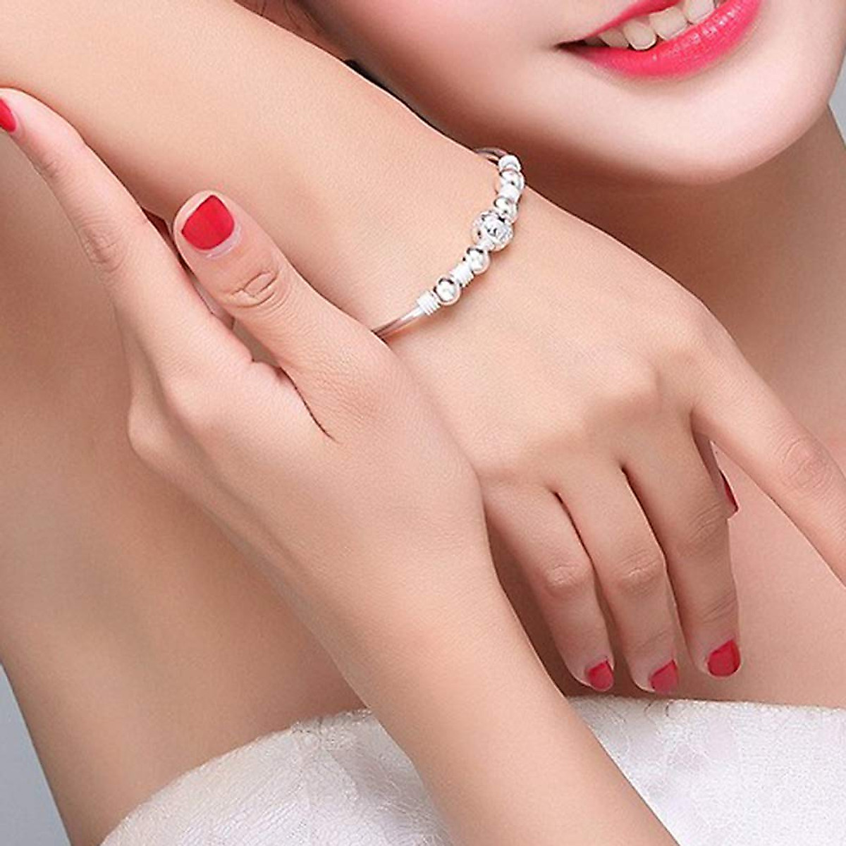 BONYOUN smallwoodi Bangle Bracelet, Hollow Bead Charm Bracelet Bangle Fashion Women Adjustable Party Women's 925 Sterling Similar Silver beads Jewelry for Men for Women Silver