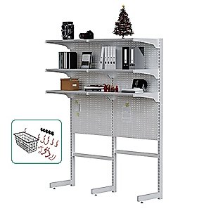 JWX Standing Shelf Unit, White Home Office Garage cabinets with Metal Pegboard and 15 Pieces Organizer Tool Holders