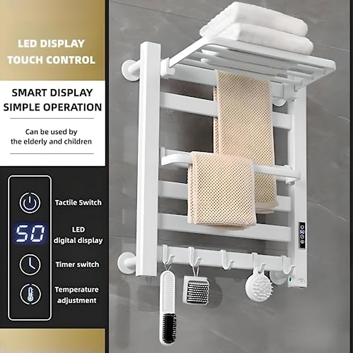 Heated Towel Rack, Electric Towel Warmer for Bathroom, Wall Hot Towel Warmer 10 Bar Touch Control, Timing, Temperature Display (10 Bar - 38in)