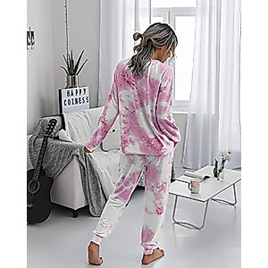 PRETTYGARDEN Women's Tie Dye Two Piece Tracksuit Set Long Sleeve Sweatshirt with Long Pants (Pink,Small)
