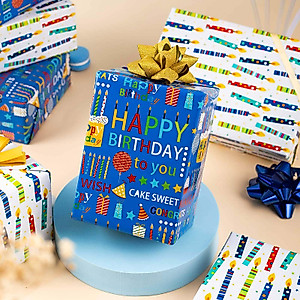 Homeral Reversible Birthday Wrapping Paper Roll- Mini Roll- 46.8sq.ft(17in x 33ft) Blue Colorful Birthday Design for Birthday, Baby Shower, Party