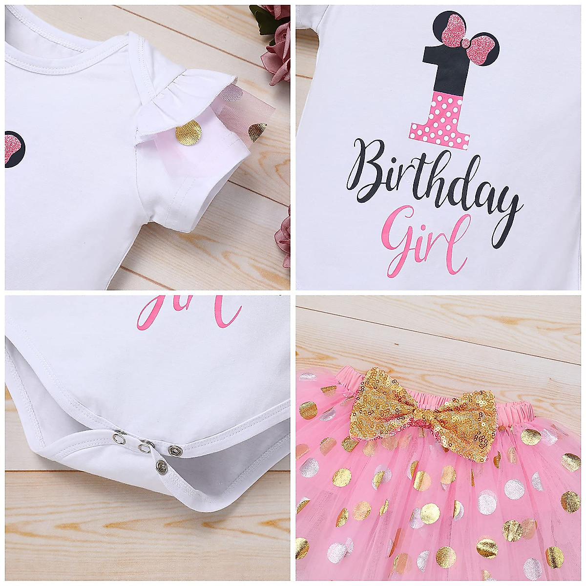 Cake Smash 1st 2nd 3rd Birthday Girl Princess Outfit Polka Dots Dress Ruffle Tulle Tutu Skirt Set Wild ONE Party Dance Fancy Carnival Costume w/Headband Pink-1st 1T