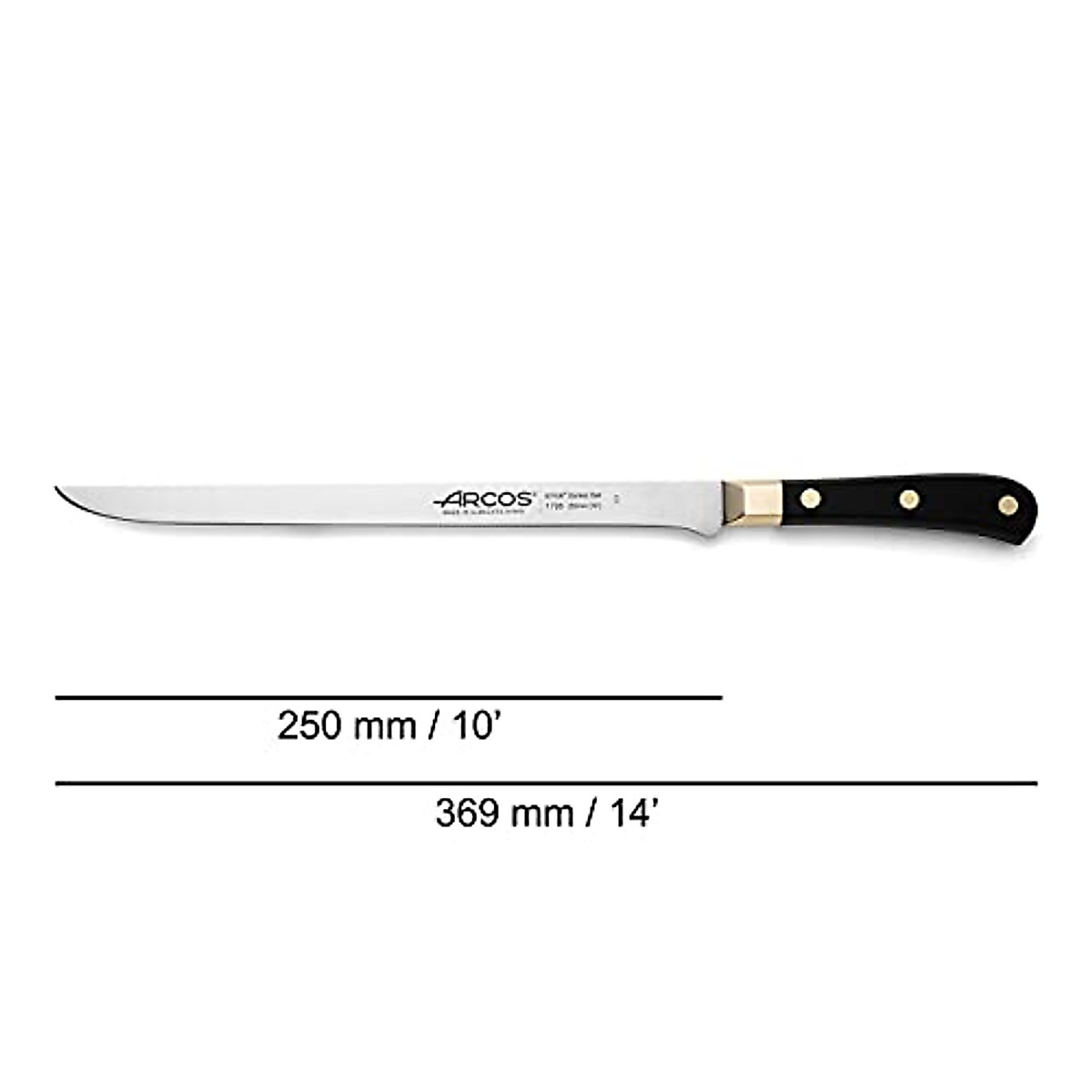 ARCOS Carving Knife 10 Inch Stainless Steel. Ham Slicer Knife for Cutting Ham and Meat. Ergonomic Polyoxymethylene Handle and 250mm Blade. Series Regia. Color Black/Gold