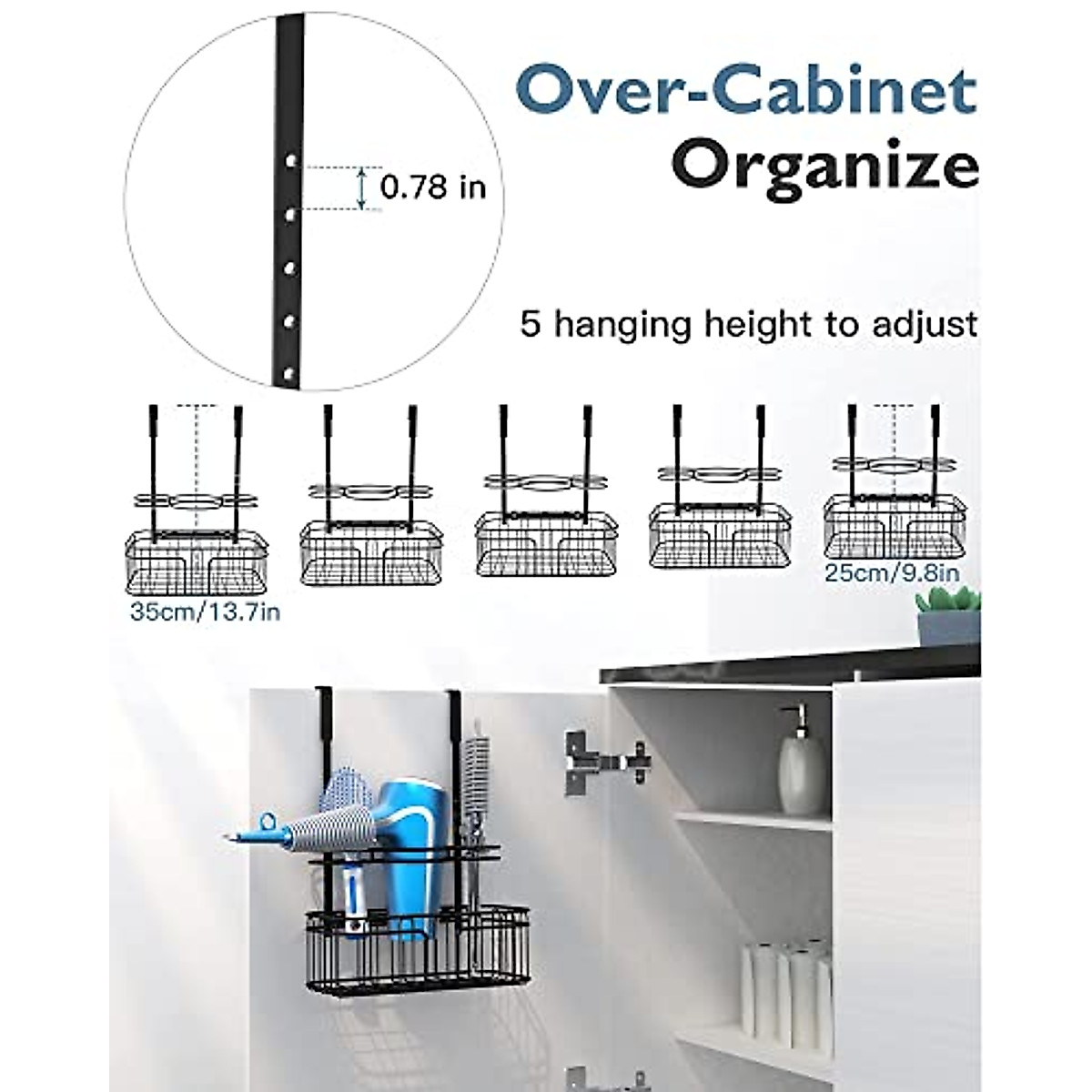 Hair Tool Organizer, ULG Hair Dryer Holder Over Cabinet or Wall Mount, Bathroom Organizer Under Sink with 5 Adjustable Heights and 3 Compartments for Hair Dryer, Curling Wand, Hair Straightener(Black)