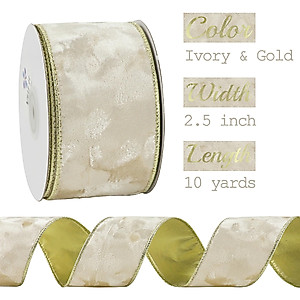 MEEDEE Ivory Velvet Ribbon with Gold Back Double Sided Christmas Wired Ribbon Cream Velvet Ribbon 2.5 Inch with 10 Yards Christmas Velvet Ribbon for Christmas Tree, Wreath Supplies, Crafts Bow