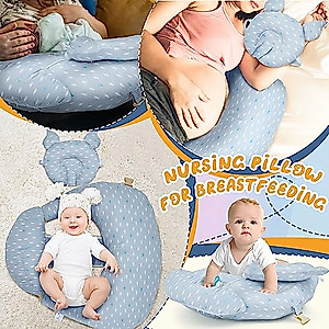 Geelin Nursing Pillow Soft Nursing Pads Set Include Breastfeeding Pillows with Adjustable Waist Strap 4 Pieces Breast Pads Reusable Postpartum Essentials for Baby Breastfeeding, Gray and White