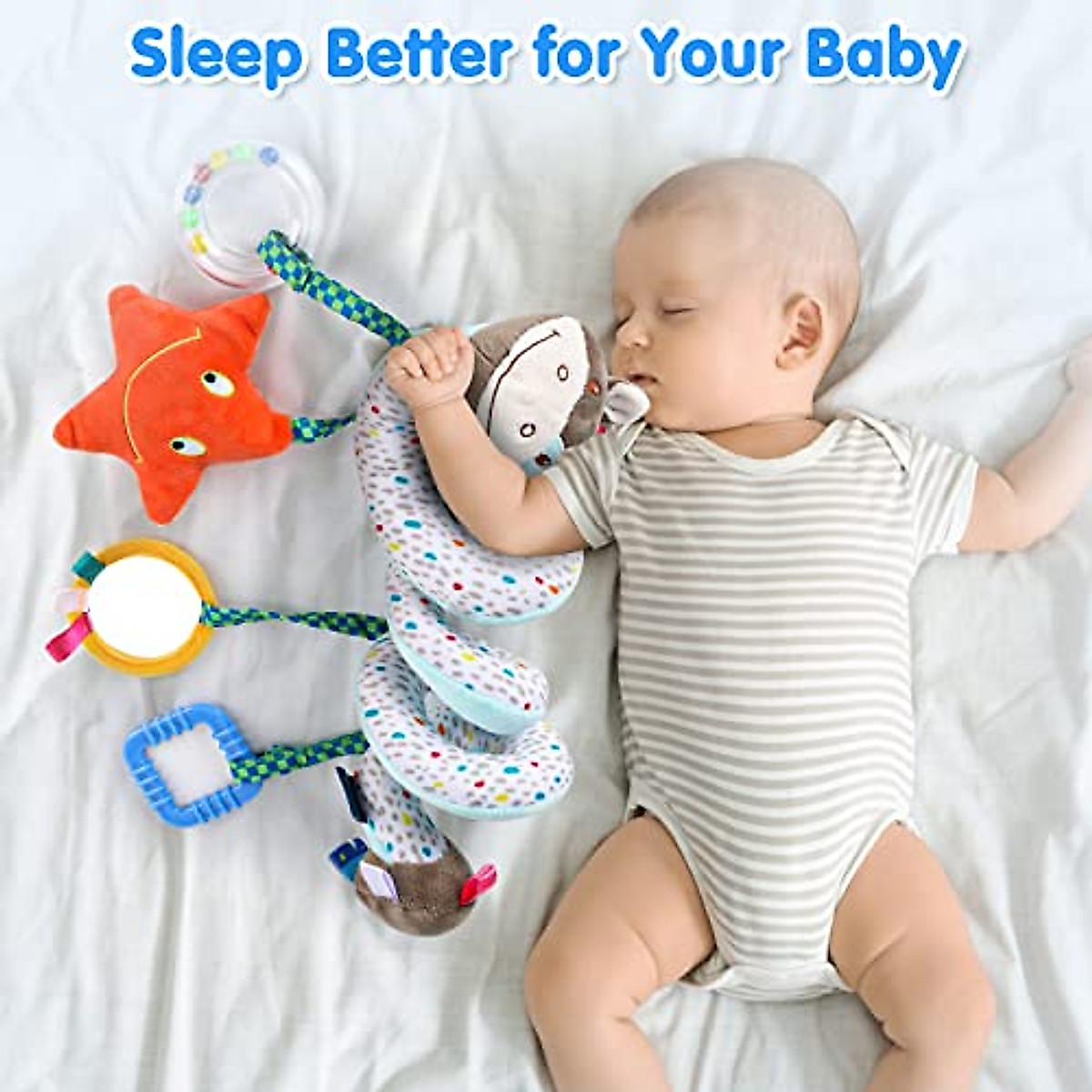 XIXILAND Car Seat Toys for Babies 0-6 Months, Baby Toys 0-6 Months Stroller Toys Infant Toys 0-3 Months, Newborn Toys 0 3 Months Brain Development Crib Toys Hanging Toys with Mirror Rattles Teether