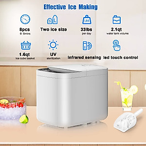Vtechvat Ice Maker, Countertop Ice Maker with UV Lamp, Portable Ice Machine with Self Cleaning, ABS Material, 33lbs/Day, 6mins/8Pcs Bullet Ice, Counter Ice Maker for Home Kitchen Office Party(White)