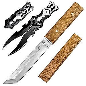 MADSABRE Bundle of 2 Items - Dual Blade Pocket Knife - Japanese Samurai Tanto Fixed Blade Katana - Perfect for Outdoor Hunting Survival Camping EDC Camping Hiking, Unique Gifts for Men