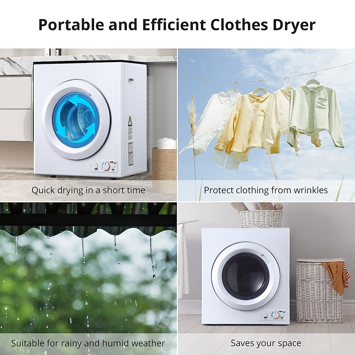 ACONEE 2.65 cu.ft Compact Clothes Dryer, 2 Temperatures, Dries Up to 14.4 lbs of Clothes, 1400W Small Dryer Machine with Stainless Steel Tub, Suitable for Home, Dorm, RVs