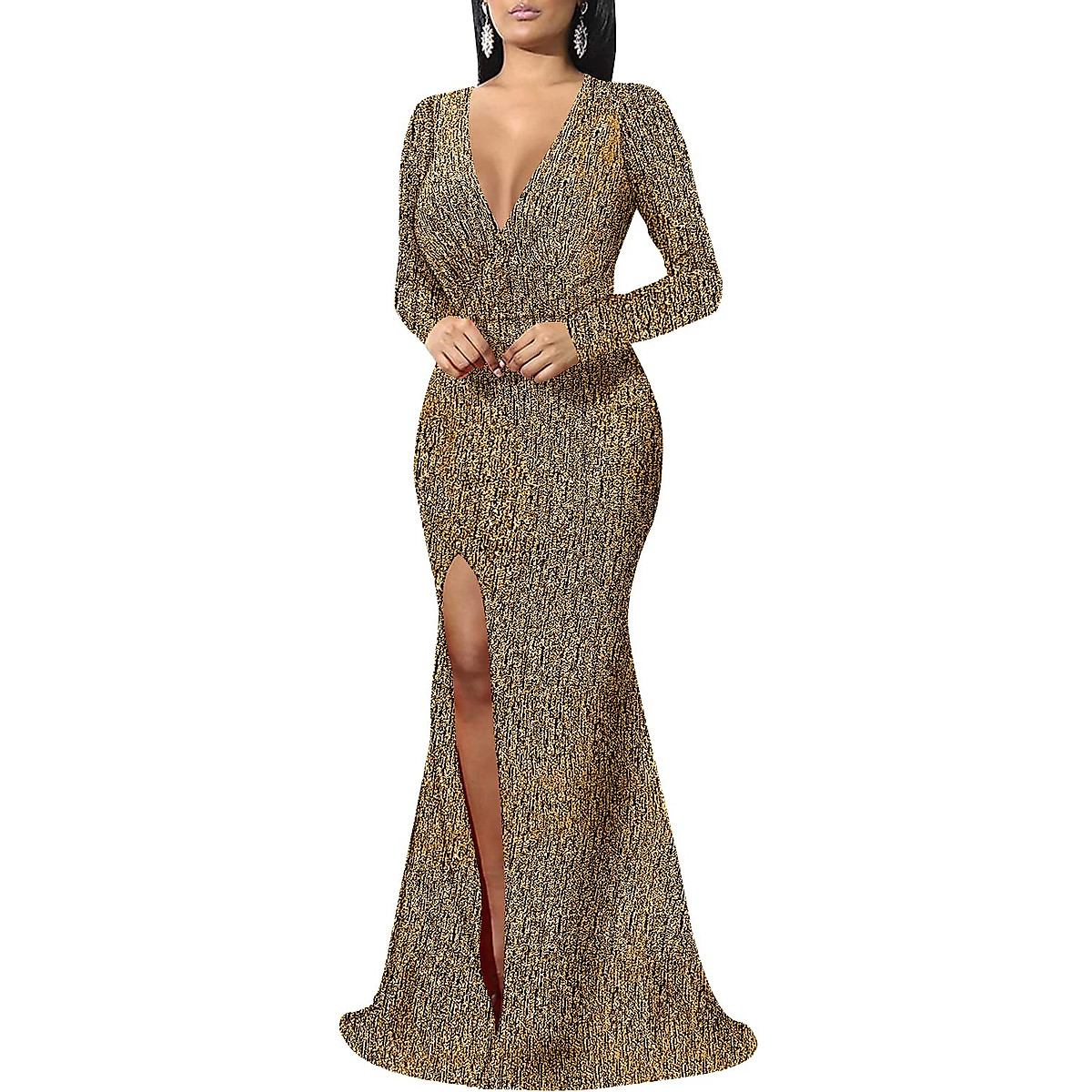 Women's Sexy Long Sleeve Sparkly Maxi Dress V Neck High Slit Wrap Formal Gown Cocktail Glitter Maxi Long Dresses Gold