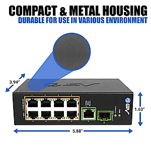 BV-Tech 8 Port PoE Switch with 1 Gigabit Uplink and Industrial DIN Rail - Power Over Ethernet Network Switch for IP Cameras, VoIP Phones, Wireless APs - IEEE802.3af/at, Wide Temperature Range