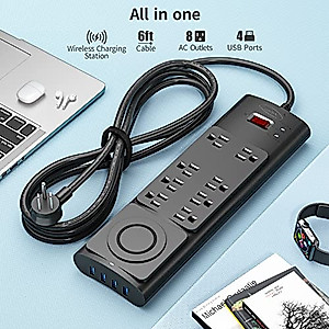 Power Strip with Wireless Charger, Bototek Power Strip Surge Protector (2980 Joules) Wireless Charger with 8 AC Outlets and 4 USB Ports,1875W/15A, 6 ft Extension Cord (8 Outlets)