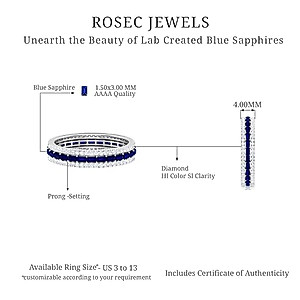 Rosec Jewels Certified Lab Grown Blue Sapphire Eternity Band Ring, Sapphire Diamond Band, Wedding Anniversary Ring, 14K White Gold, Size:US 10.50