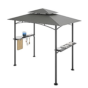 Grill Gazebo 8X 5 FT Double Tiered BBQ Gazebo Grill Canopy with 2 Side Shelves, 5 Hooks and Bottle Opener, Patio Canopy Tent, Outdoor Gazebo Tent Outdoor BBQ Canopy (Gray)