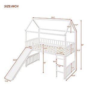 BOVZA Twin Size House Loft Bed with Convertible Slide and Ladder, Low Loft Bed with Roof and Guardrails, Wood Loft Bed Frame for Kids Boys Girls Teens, White