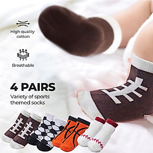 FANCYKIDS Unisex Baby Girls Boys Sports Themed Basketball Soccer Football Baseball Socks (Set of 4 Pairs) (0 to 6 Months)