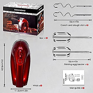 REDMOND Hand Mixer Electric, 5-Speed 300W Power Handheld Kitchen Mixer with Turbo Mode, Kitchen Mixer with Attachment(2 Beaters, 2 Dough Hooks),Cake Mixer, Hand Mixer for Baking, Red
