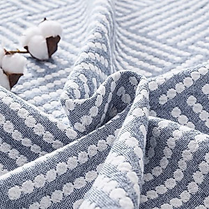 jinchan Boho 100% Cotton Blanket Muslin Lightweight Twin Size Quilted Throw Blanket for Couch Soft Cozy All Season Blanket 3-Layer Geometric Cotton Blanket for Bedroom Decor Blue 60”x80“