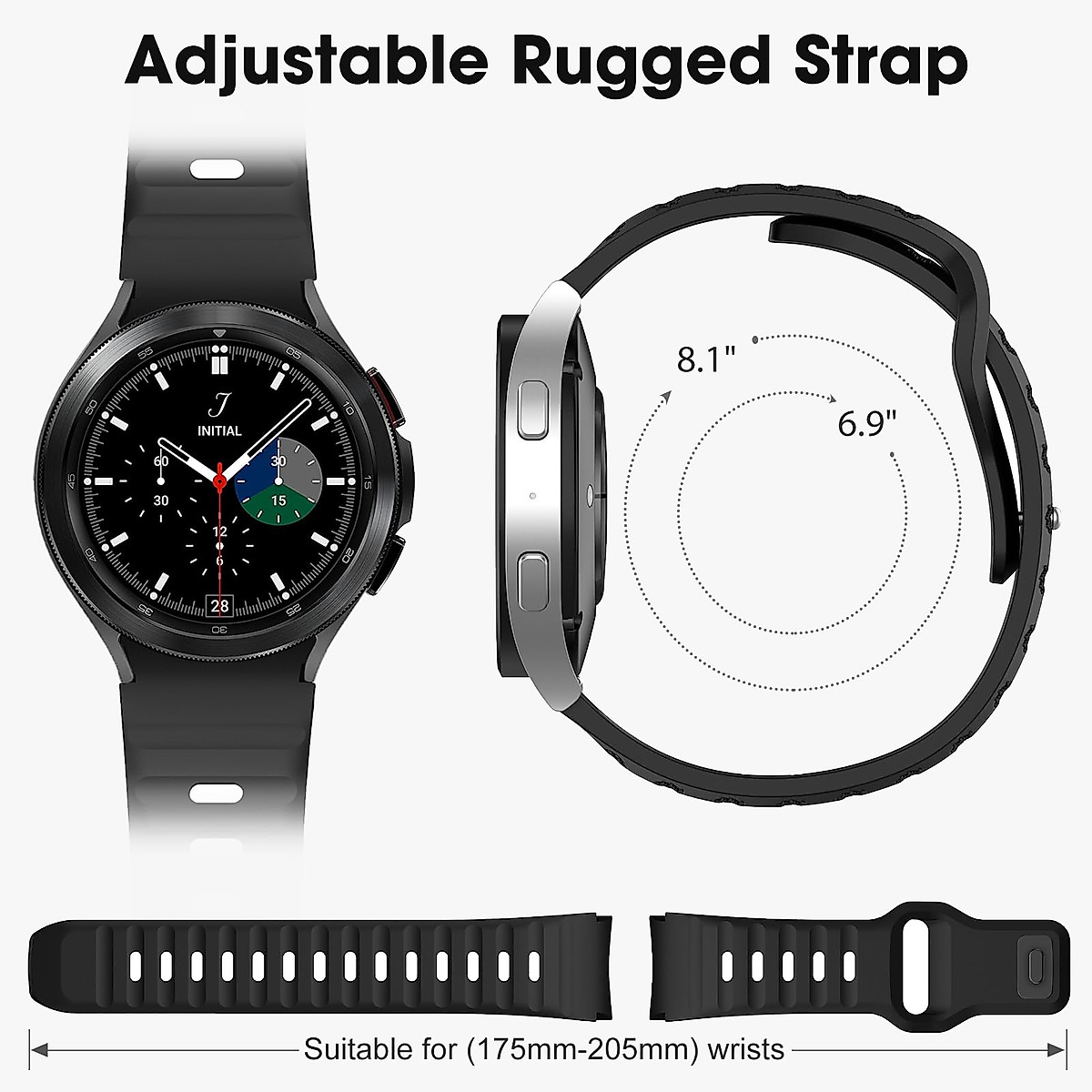Rugged No Gap Bands Compatible with Samsung Galaxy Watch 6 4 5 Band 40mm 44mm/Galaxy Watch 6 Classic 47mm 43mm/Watch 4 Classic 46mm 42mm/Watch 5 Pro 45mm, Soft Silicone Replacement Sport Strap for Men