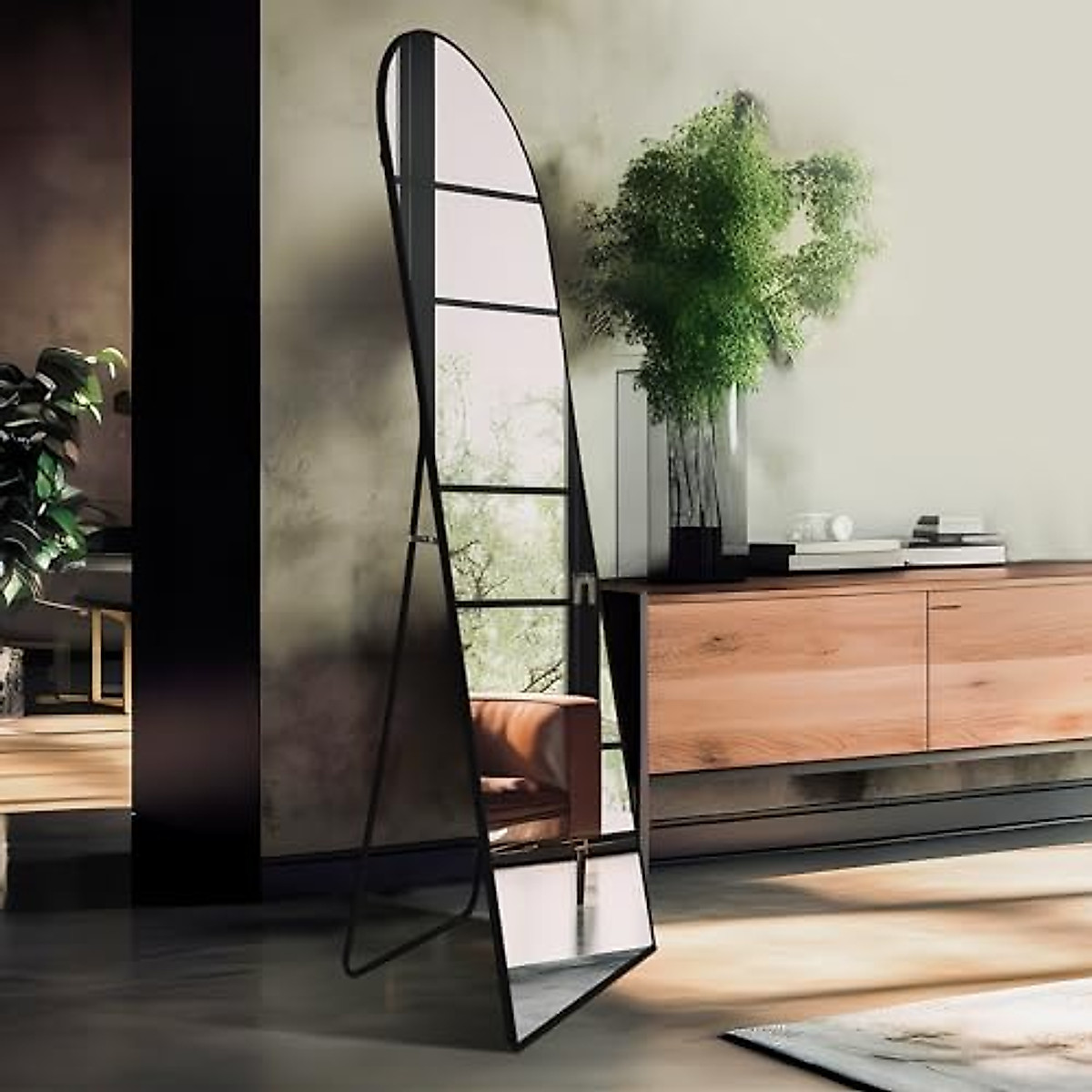Delma Standing Mirror Full Length,Mirror Full Body,Large Floor Mirror with Arched Frame for Wall Entryway Door Bedroom Bathroom Living Room (with Stand,60x20-Black)