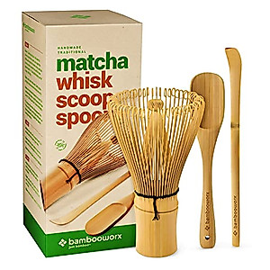 BambooWorx Matcha Whisk Set - Matcha Whisk (Chasen), Traditional Scoop (Chashaku), Tea Spoon. The Perfect Set to Prepare a Traditional Cup of Japanese Matcha Tea, Handmade from 100% Natural Bamboo