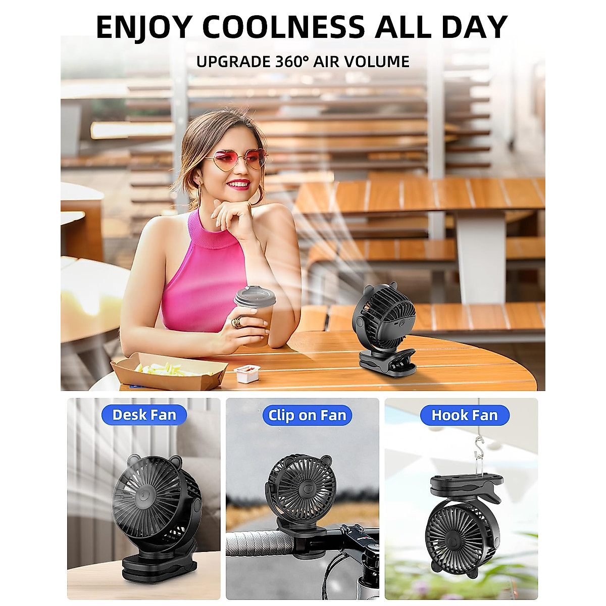 KIDEE Portable Clip on Fan, Small Desk Fan Battery Operated, 360° Rotation, Cute Design, 3 Speed, Mini Table Fan USB Rechargeable, Personal Cooling Baby Stroller Fan for Home Office Outdoor Travel