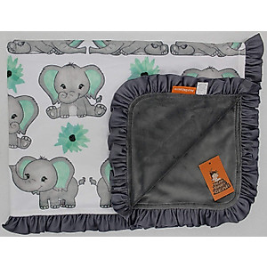 Dear Baby Gear Elephant Baby Blanket - Double Layer Infant Blanket - Toddler Blankets for Boys and Girls - Gray and Mint Elephant Calf with Flowers, Gray Ruffles - 43" x 33"