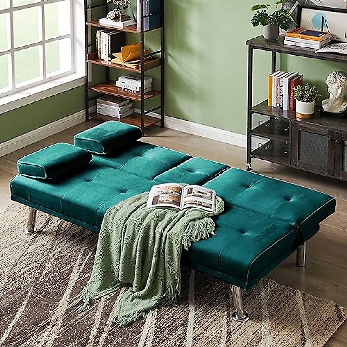 Eafurn Upholstered Futon Sofa Bed with Mattress and Frame, Convertible Loveseat Lounge Couch Daybed,Folding Love Seat w/Adjustable Backrest Sofabed, Green Soft Velvet
