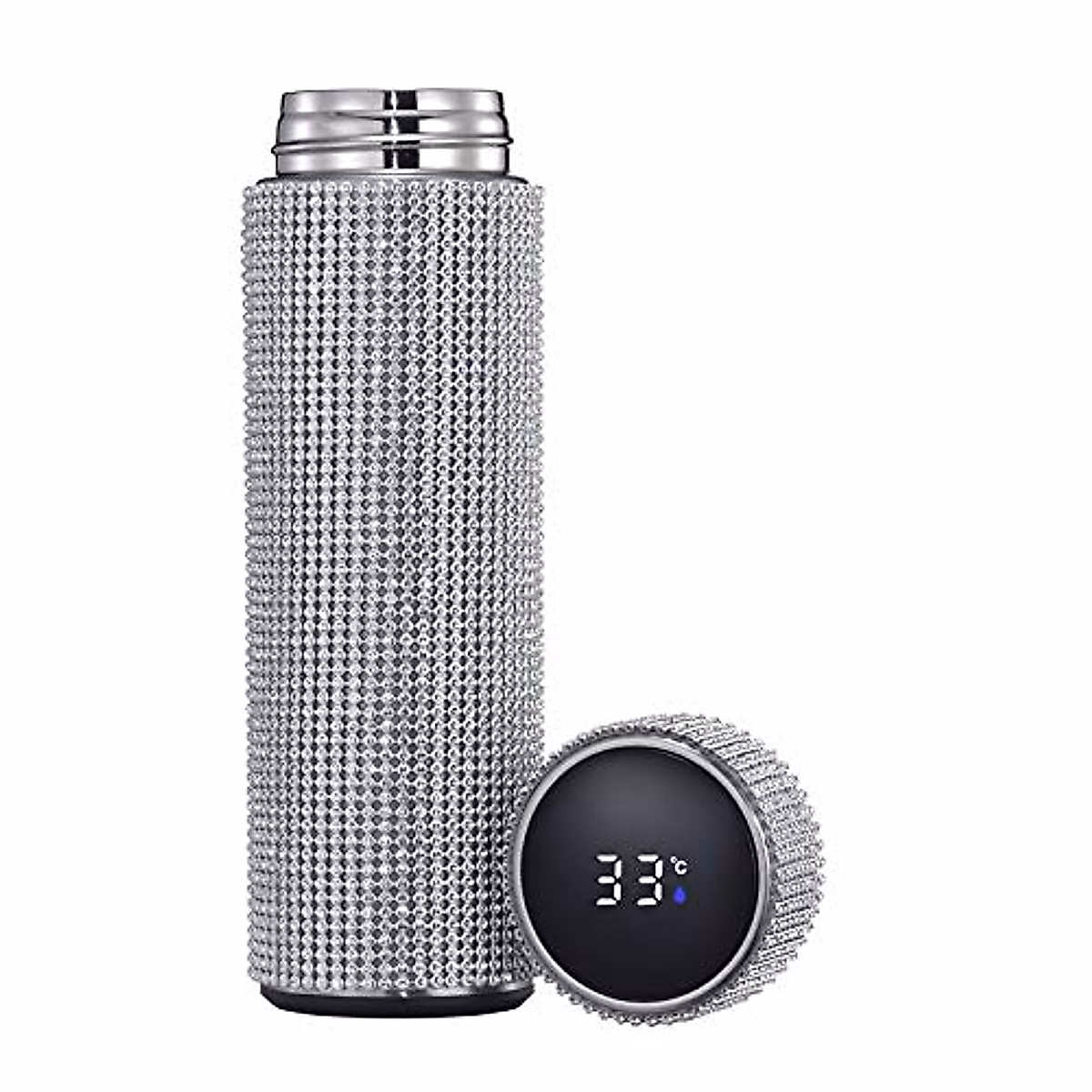 EKUEE 500ml Creative Diamond Thermos Bottle Water Bottle Stainless Steel Smart Temperature Display Vacuum Flask Mug Gift for Men Women (Silver A 500ML)