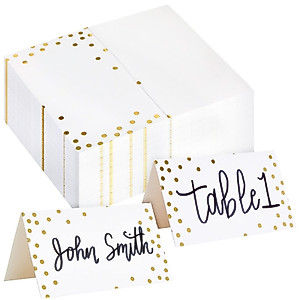 100 Pack Wedding Place Cards for Table Setting, Blank Table Name Cards, Gold Foil Polka Dot Place Cards for Birthday, Banquet, Events, Reserved Seating