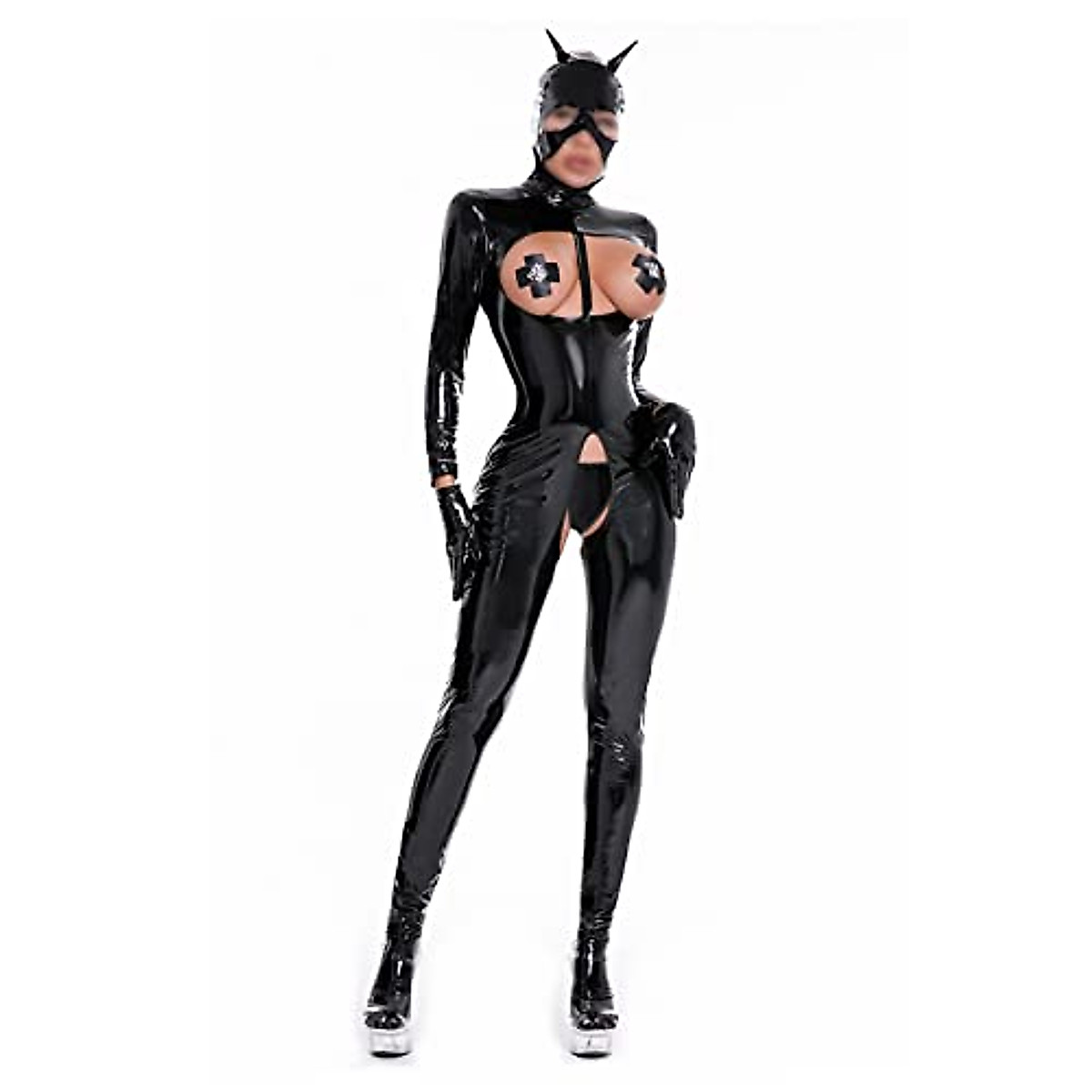 Lejafay Women's Metallic Catsuit Bodysuit Sexy Crime Fighter Costume Wet Look Latex Jumpsuit Black A Medium