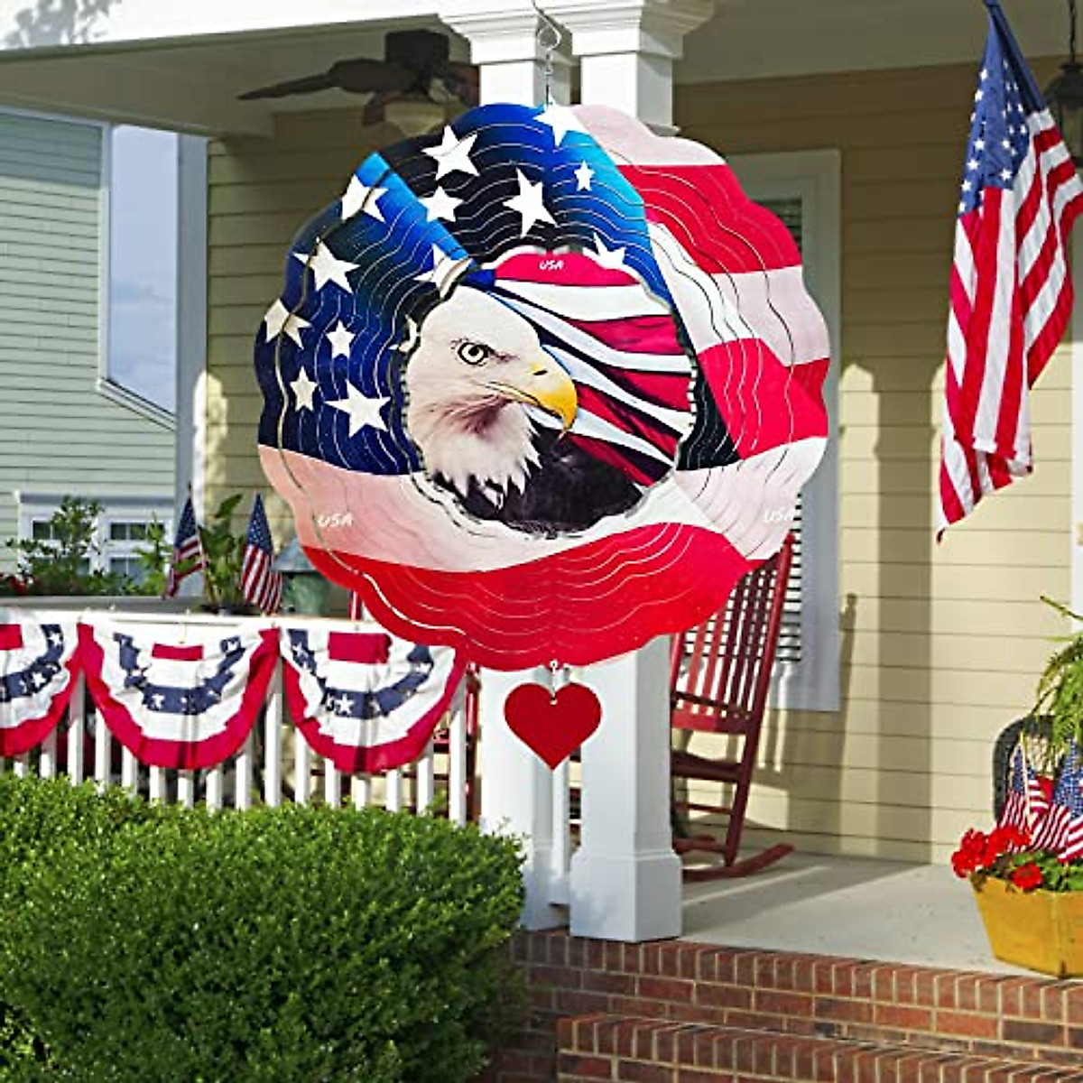 Stainless Steel Wind Spinner - 14 inches 3D Metal Kinetic Art America Flag Hanging Indoor Outdoor Yard Garden Decorations Crafts Ornaments