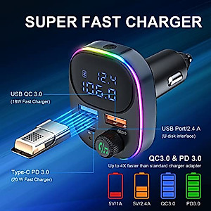 Bluetooth 5.3 FM Transmitter for Car Radio [2023 New], SOARUN Bluetooth Car Adapter [PD 20W+QC 3.0] [Large LCD Screen], Supports Handsfree Call Siri Google Assistant U Disk, 7 Color LED Backlit