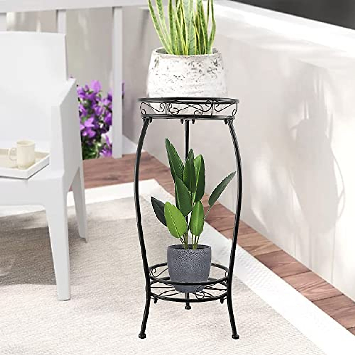 Plant Stand Indoor Outdoor,2 Tier Metal Tall Plant Stands,27.1'' Potted Multiple Holder, Rustproof Decorative Plants Shelf for Corner, Patio, Living Room, Garden (Black)