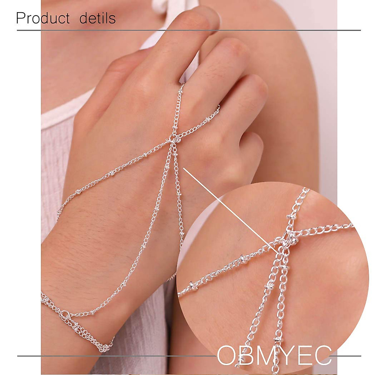 Obmyec Simple Hand Chain Layered Silver Finger Ring Chain Bracelets Dangle Beaded Slave Bracelets Daily Prom Hand Bracelets for Women