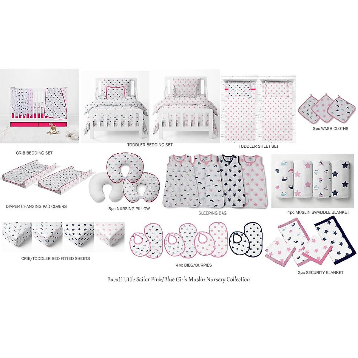 Bacati - Whales Silky Soft Breathable 100% Cotton Muslin Baby Crib Fitted Sheets - Fits Standard 28 x 52 x 5 Crib & Toddler Mattresses(Whales - Pink/Navy)