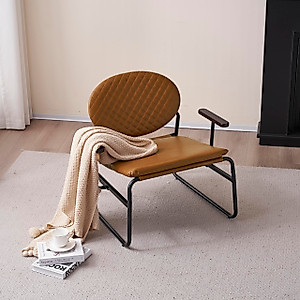 Penifun Accent Metal Frame, PU Leather Upholstered Comfy Oval Back with Lattic, Side Leisure Lounge Arm Chairs Armchairs for Living Room, Bedroom, Brown