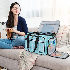 PAVILIA Knitting Bag Yarn Storage Tote, Large Crochet Organizer Bag, Yarn Storage Holder for Crocheting Knitter, Knitting Project Bag, Crochet Accessories Set, Gifts for Crochet Lovers, Chevron Teal