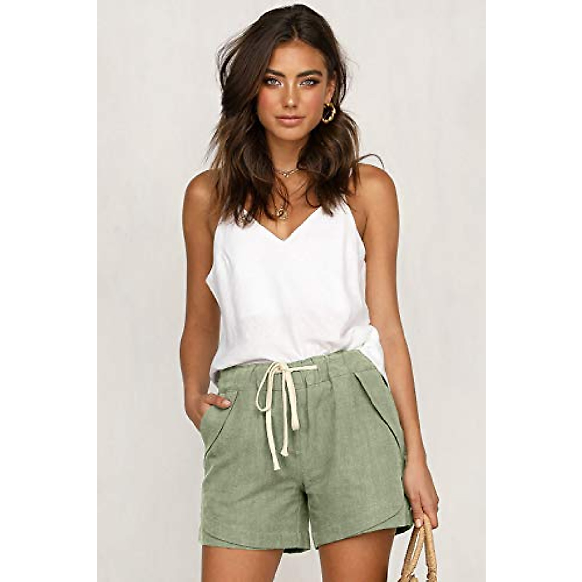 QACOHU 2024 Women's Drawstring Elastic Waist Casual Solid Comfy Cotton Linen Beach Shorts Green XL Womens Linen Summer Pants
