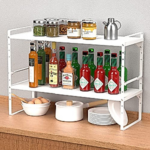 iPEGTOP Expandable Cabinet Storage Shelf Organizer Rack, Heavy Duty Steel Metal Spice Rack Adjustable Height Pantry Garage Shelf Space Riser for Counter Kitchen Organization, White, 1 Pack